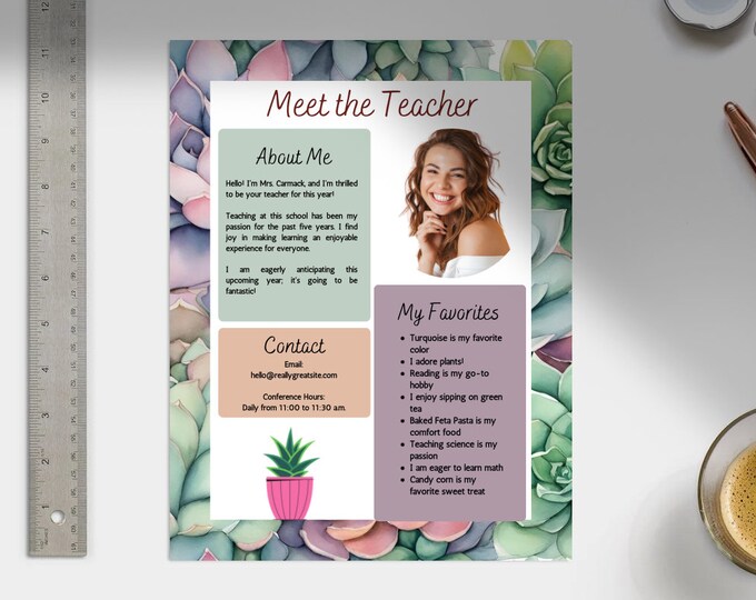 Succulent meet the Teacher Canva Template Customizable Introduction ...