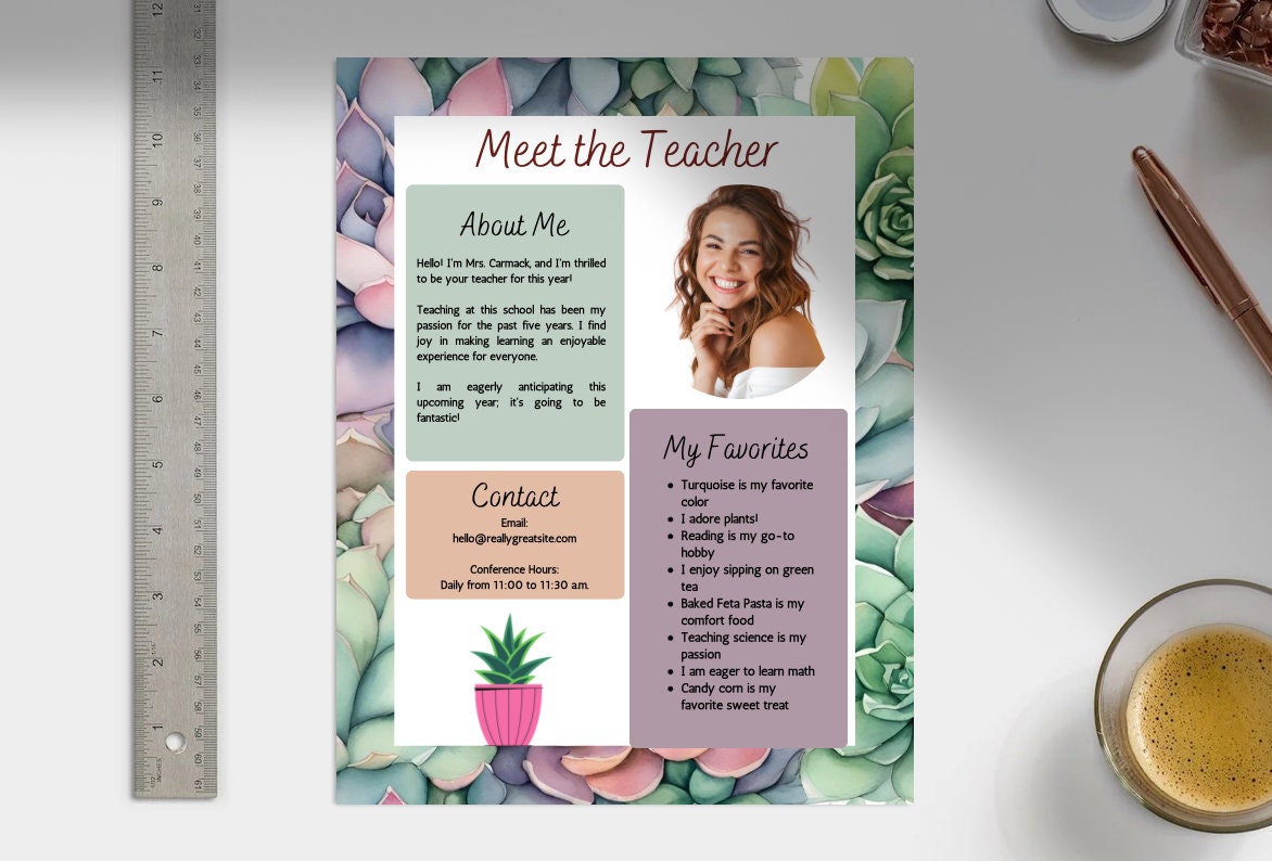 Succulent "meet the Teacher" Canva Template - Customizable Introduction ...