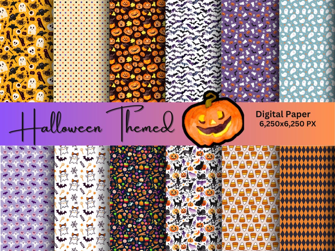 Halloween Themed Digital Paper Pack - Cute Pumpkin, Ghost, Candy, Candy ...