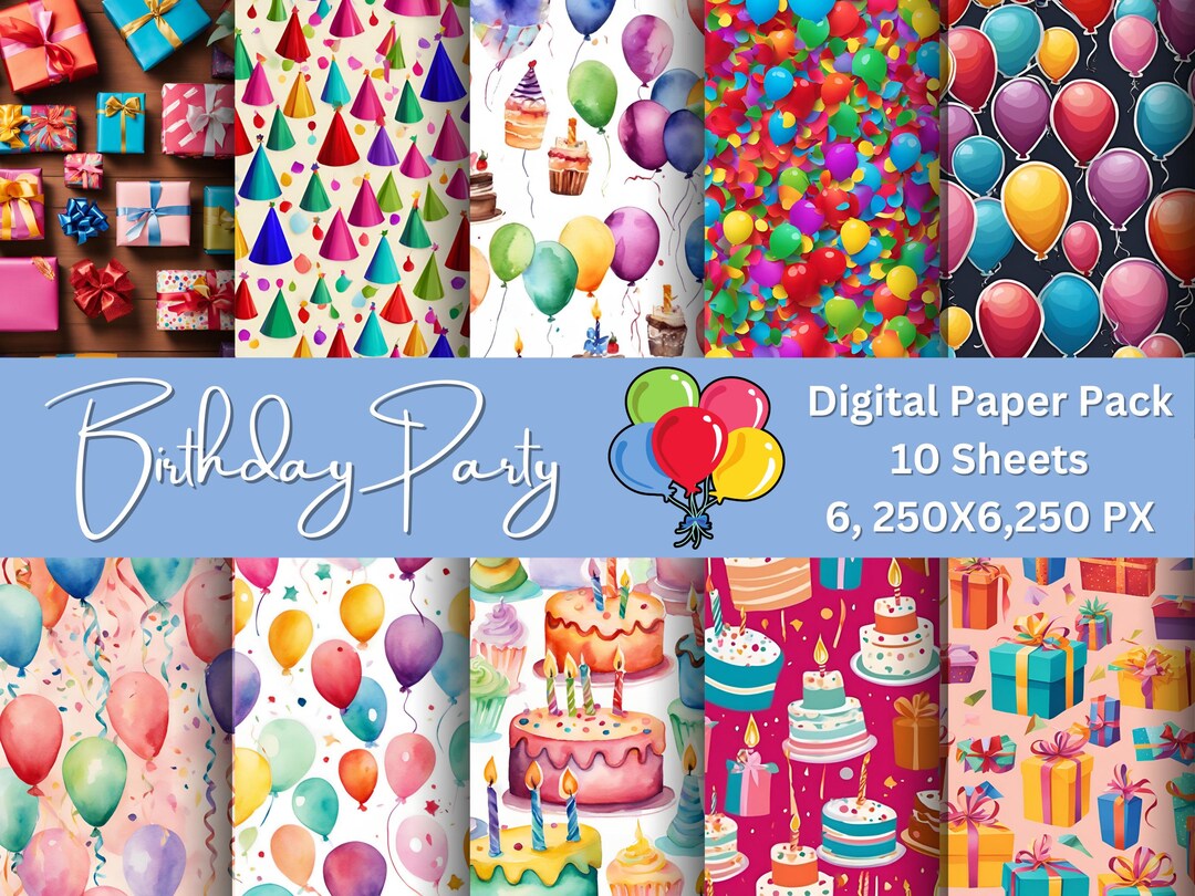 Happy Birthday Party Digital Paper Pack - 10 Bright Designs ...