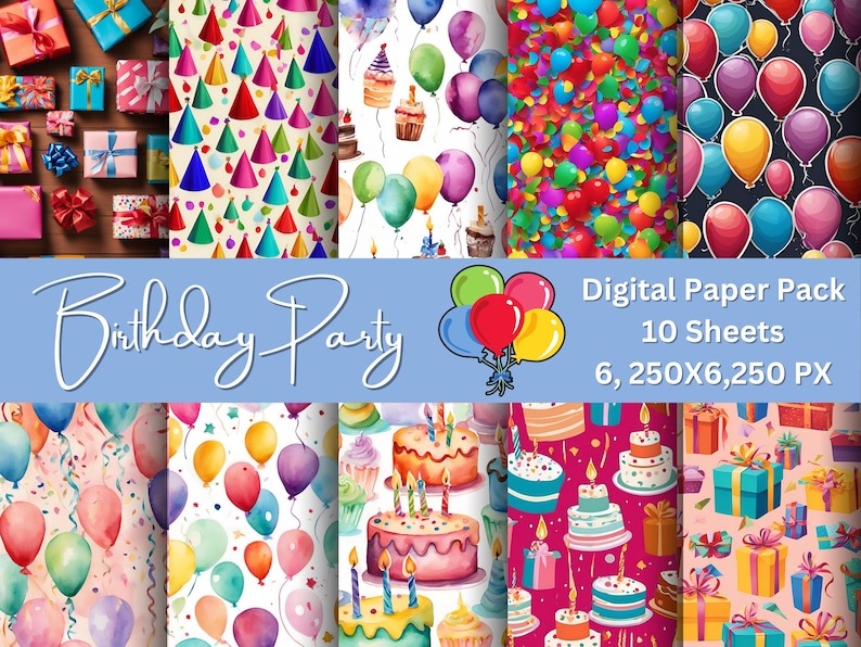Happy Birthday Party Digital Paper Pack - 10 Bright Designs ...