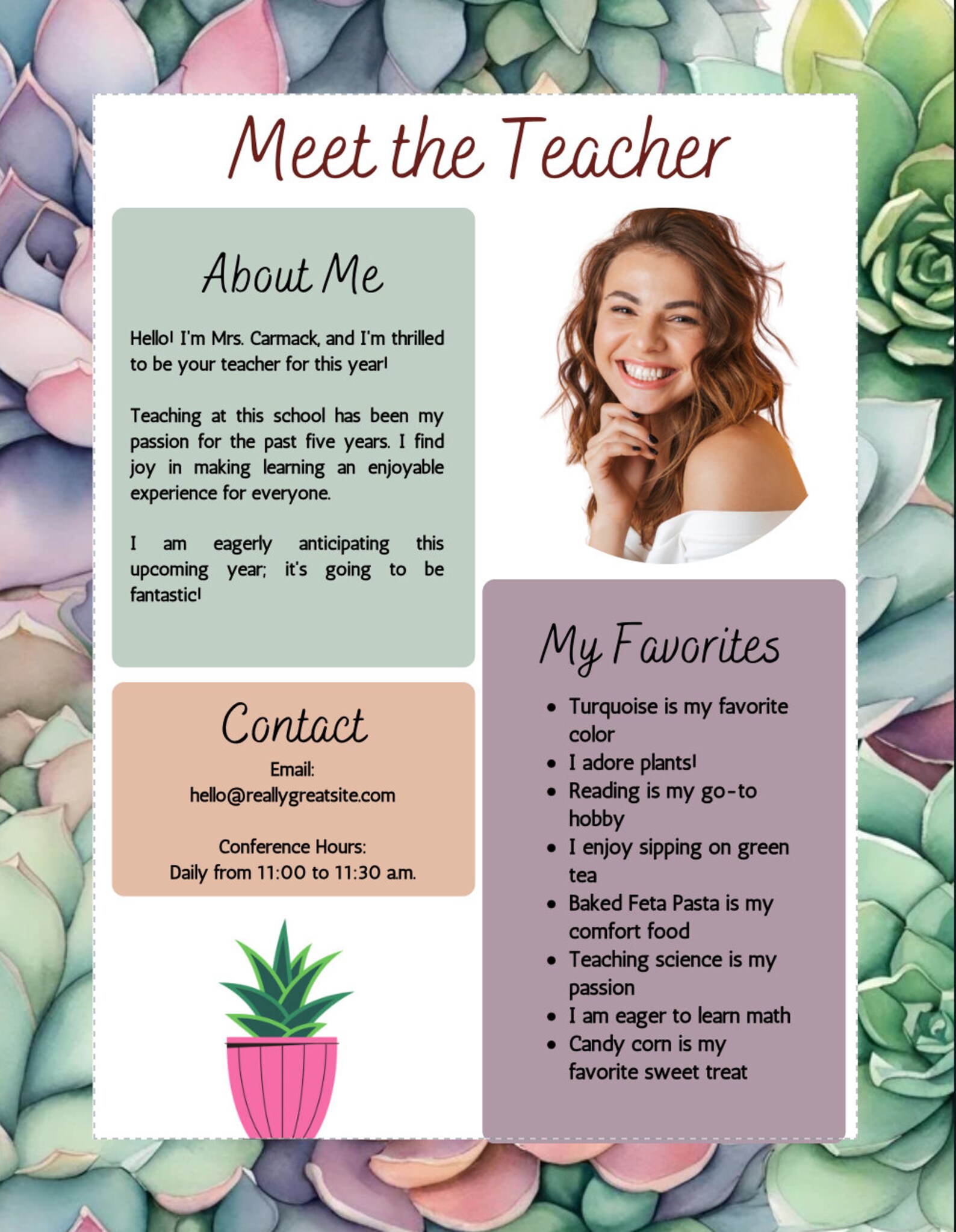 Succulent "meet the Teacher" Canva Template - Customizable Introduction ...