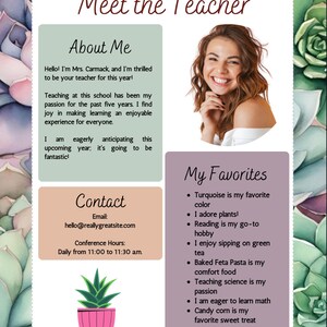 Succulent "meet the Teacher" Canva Template - Customizable Introduction ...