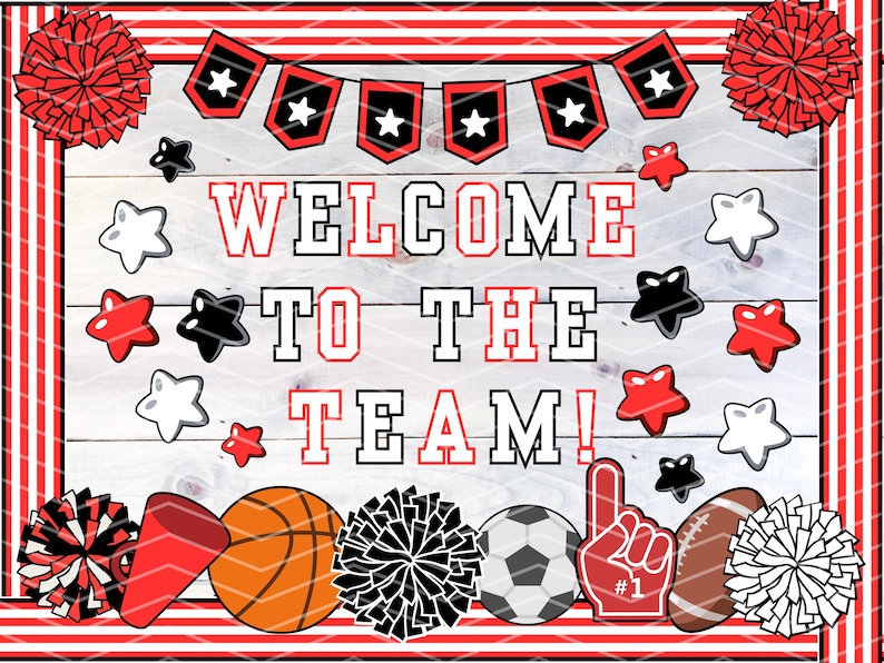 Sports Team Welcome Bulletin Board: Red, Black, and White (digital ...