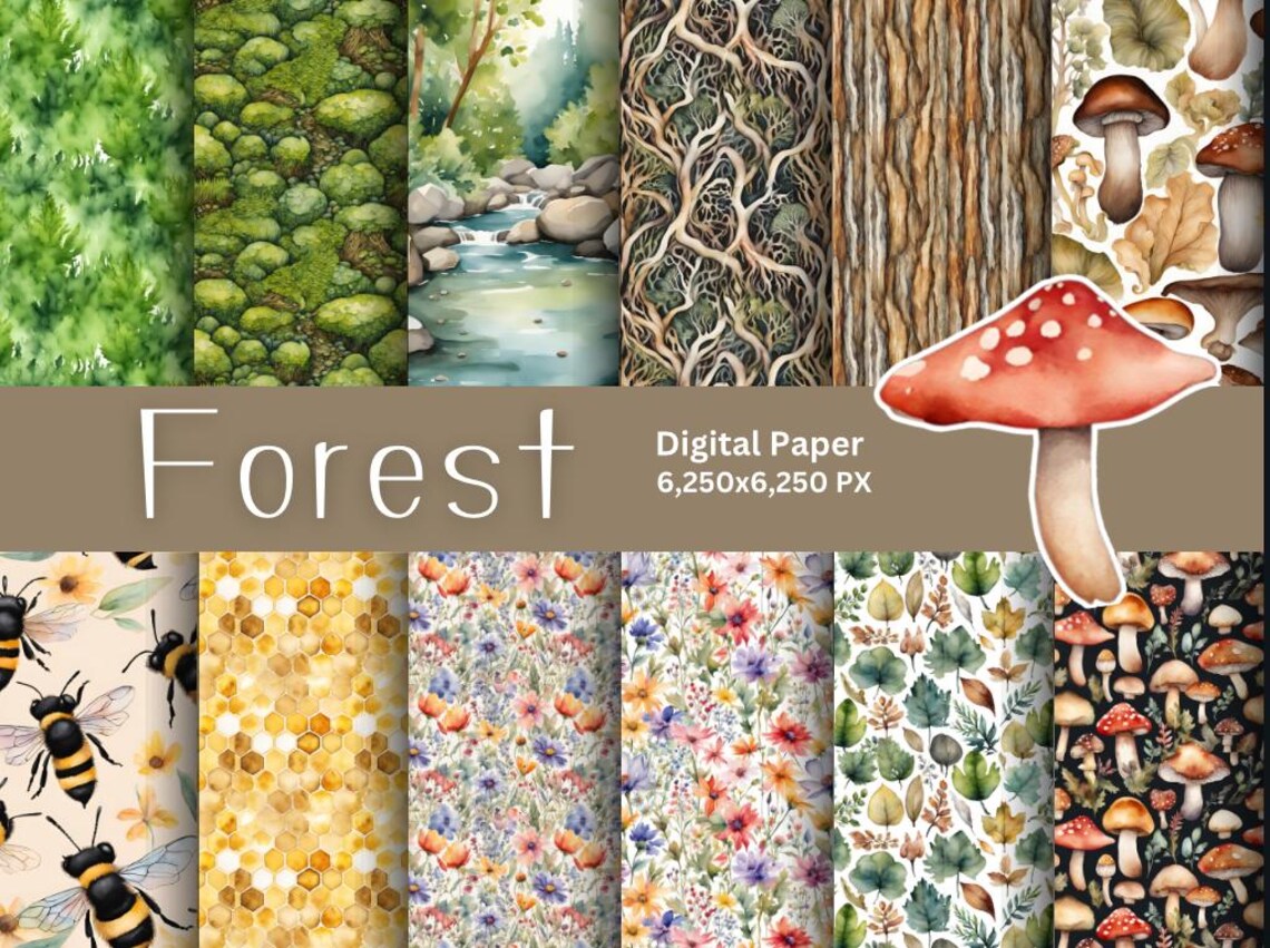 Forest Themed Digital Paper Pack | Flowers, Mushrooms, Bees, Moss ...