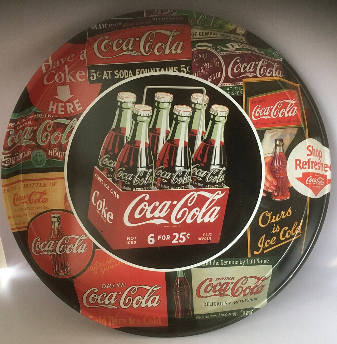 Coca Cola Round Tin Serving Tray Rolling Tray 1950's 6 Pack - 1998 Gold ...