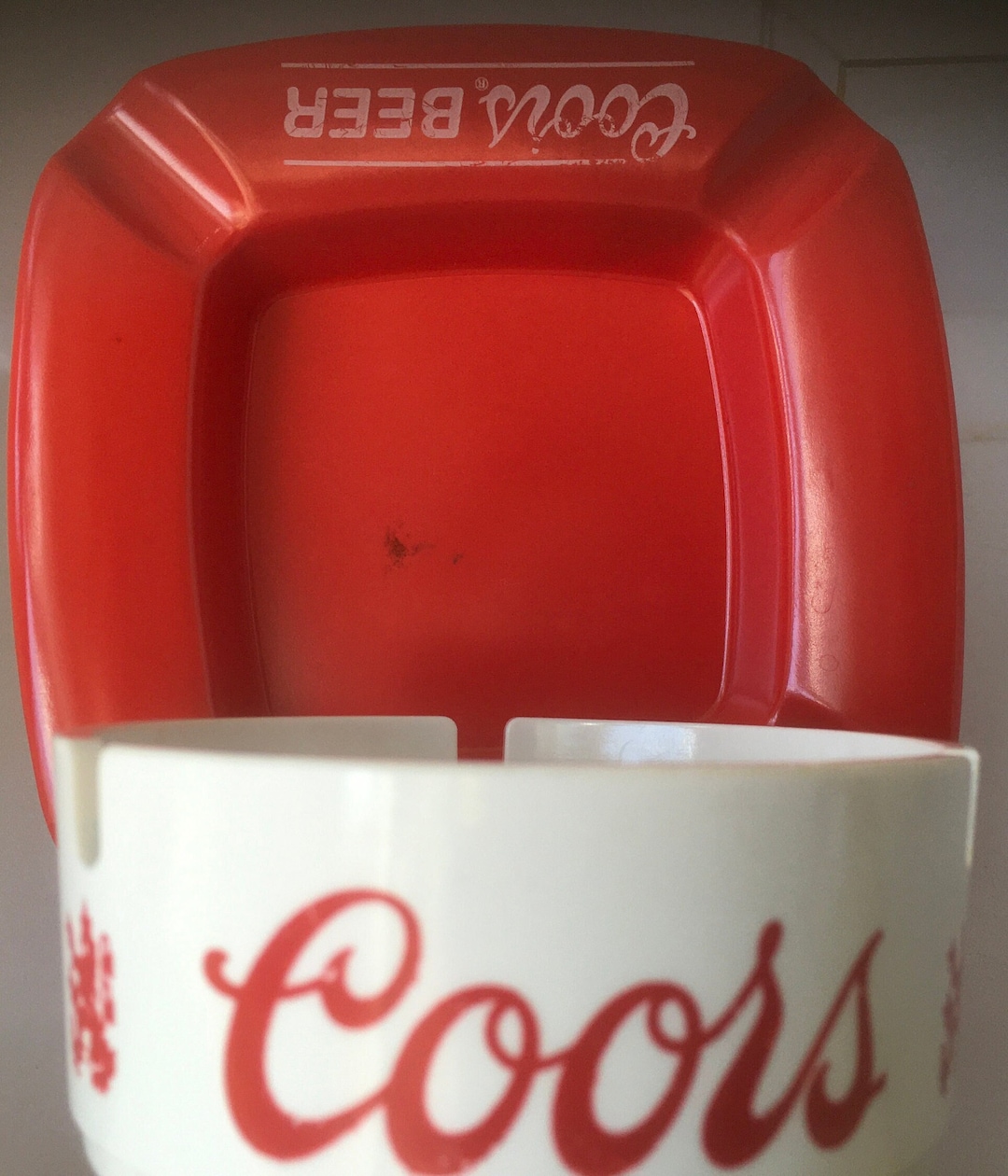Two Plastic Ashtrays Coors Beer Advertising White With Heraldic Lion ...