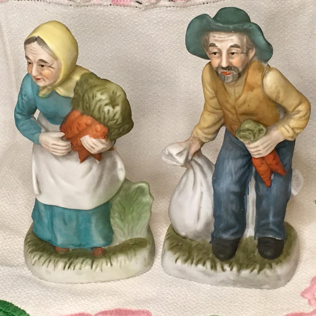Bisque Porcelain Old Man & Old Lady Farmer Figurines Harvesting Carrots ...