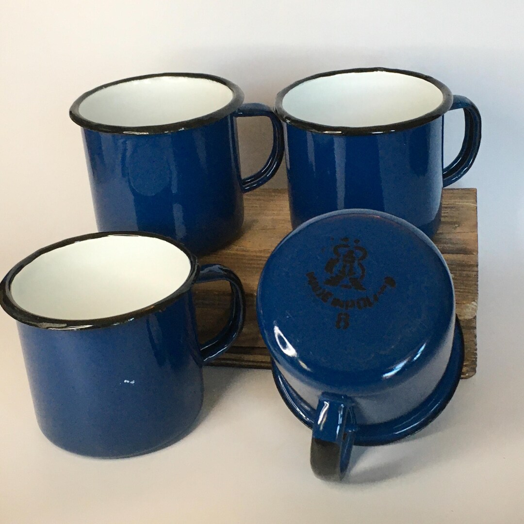 Set 4 Poland #8 Enamelware 12 Oz Mug Coffee Cup Glossy Denim Blue Black ...