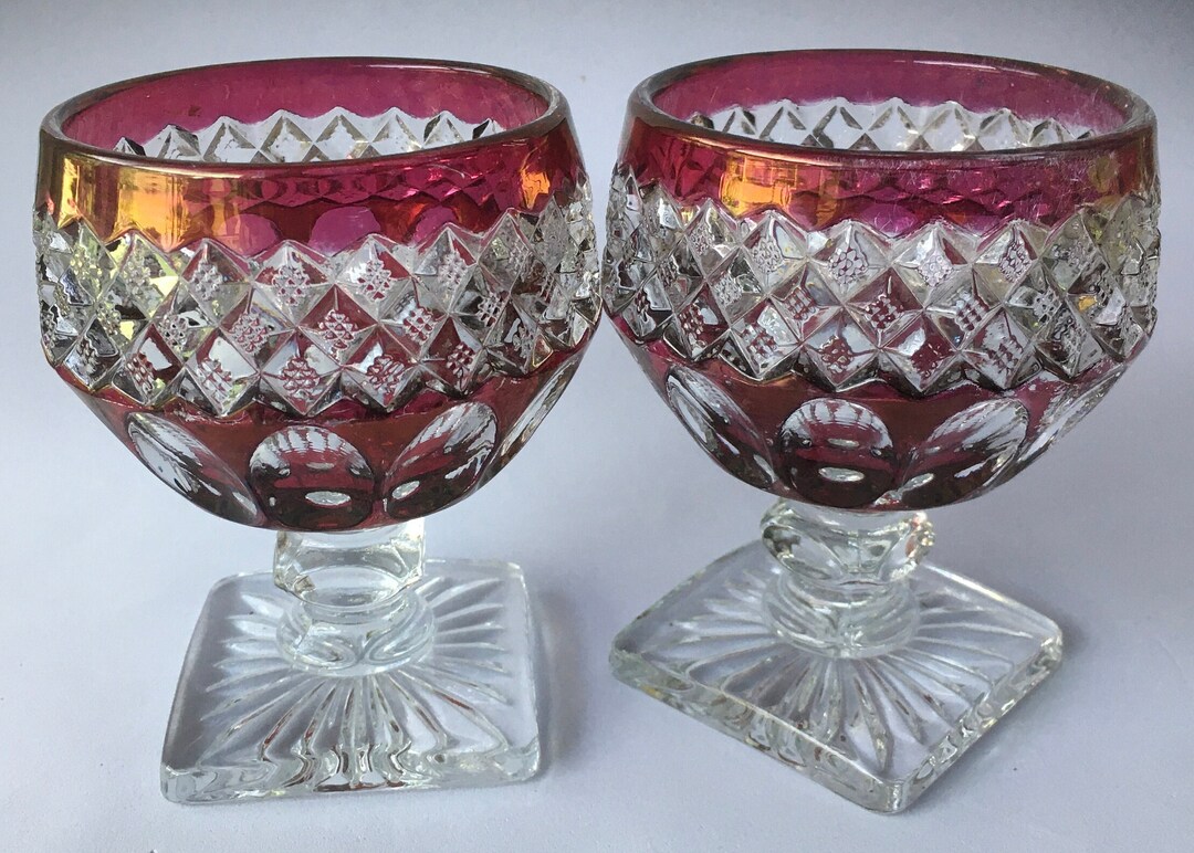 Pair Ruby Red Flash Goblets by Westmoreland Diamond Point Cut Pedestal ...
