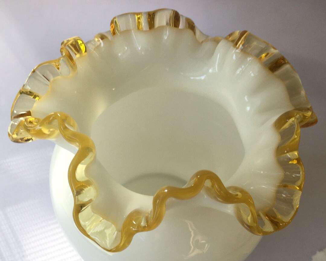 Elegant Fenton Double Crimped Ruffled Milk Glass Bowl Amber Crest ...