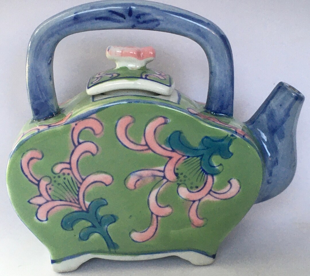 Glossy Green & Blue Painted Porcelain Mini Teapot With Lid and Handle ...