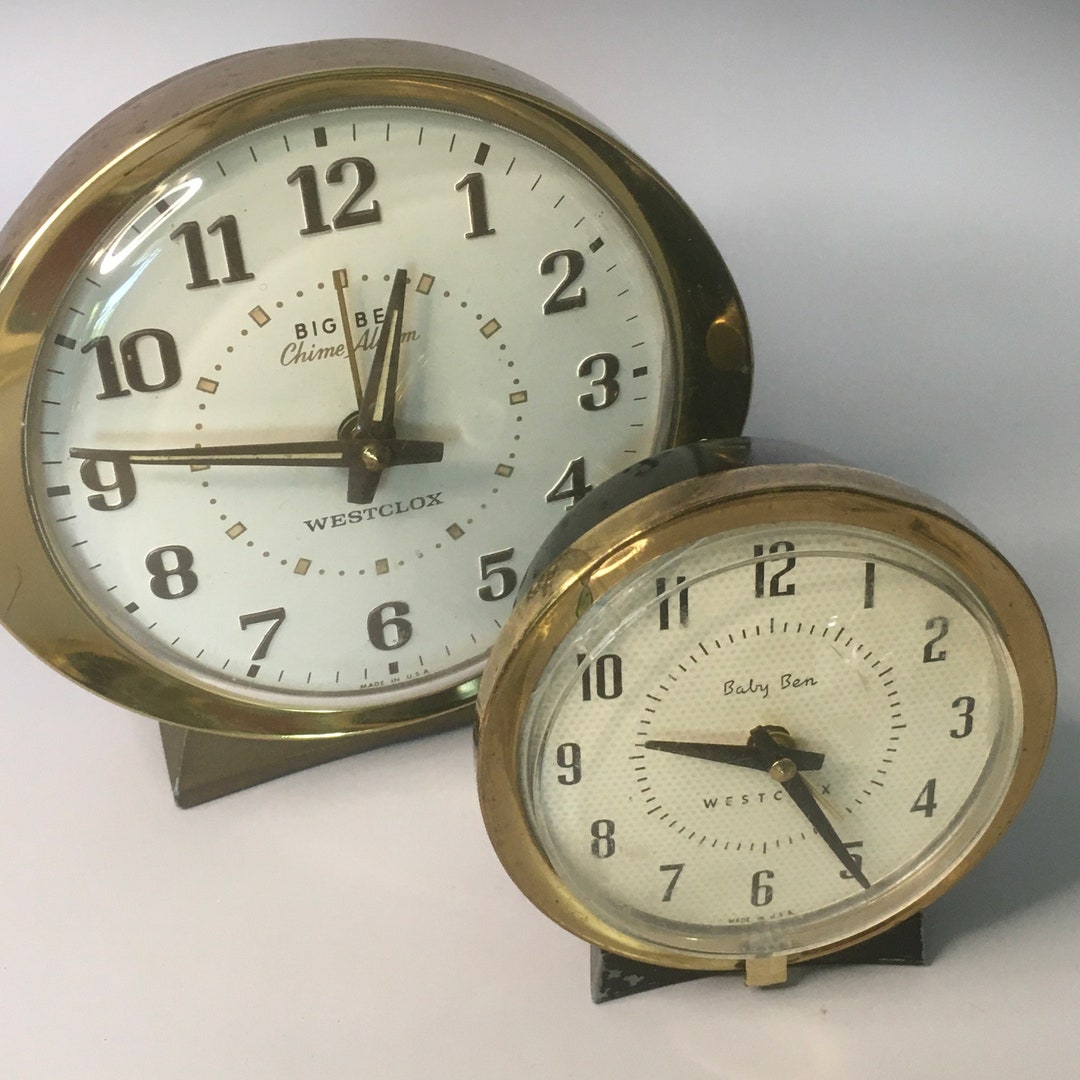 Pair Working Westclox Baby Ben and Big Ben Chime Alarm Clocks Gold Tone ...