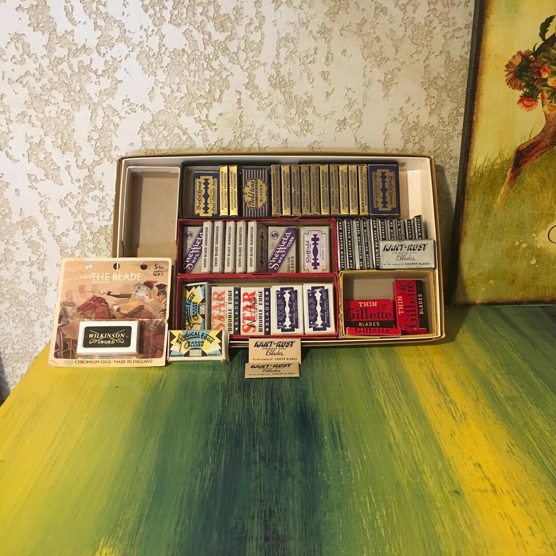 Coffret 50 lames fines rasage rasoir Gillette Wilkinson Sheffield doré ...