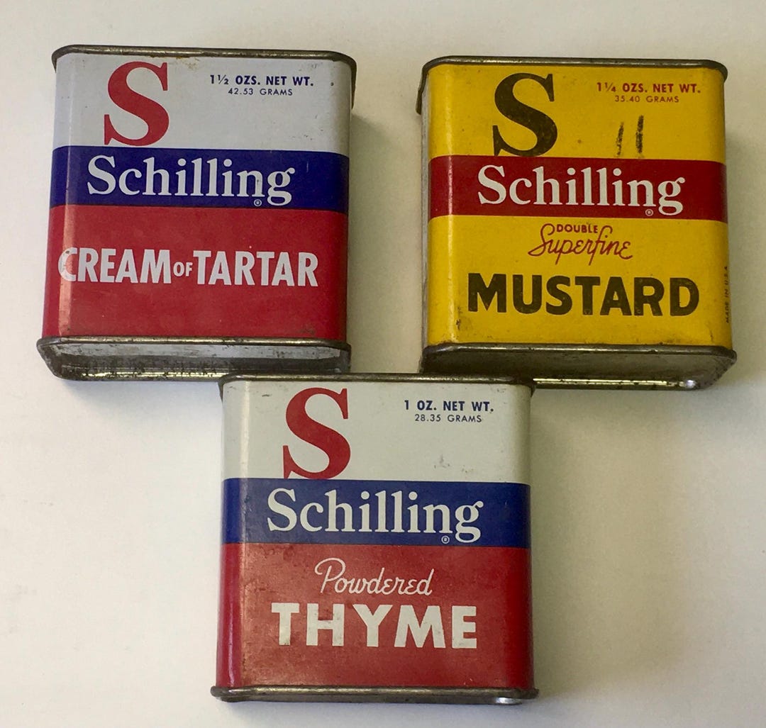 Vintage Set 3 Schilling Spice Tins Cream of Tartar Thyme Mustard ...