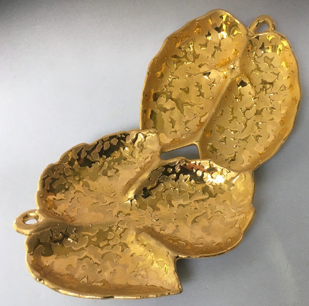 Two Weeping Gold Leaf Shape Divided Trays Hand Decorated Weeping-bright ...