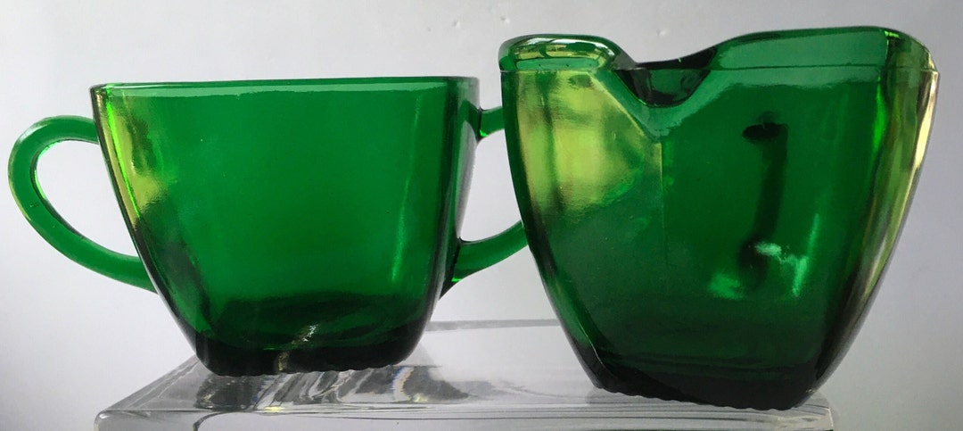Green Glass Anchor Hocking Emerald Green Square Tea Set or Individual ...