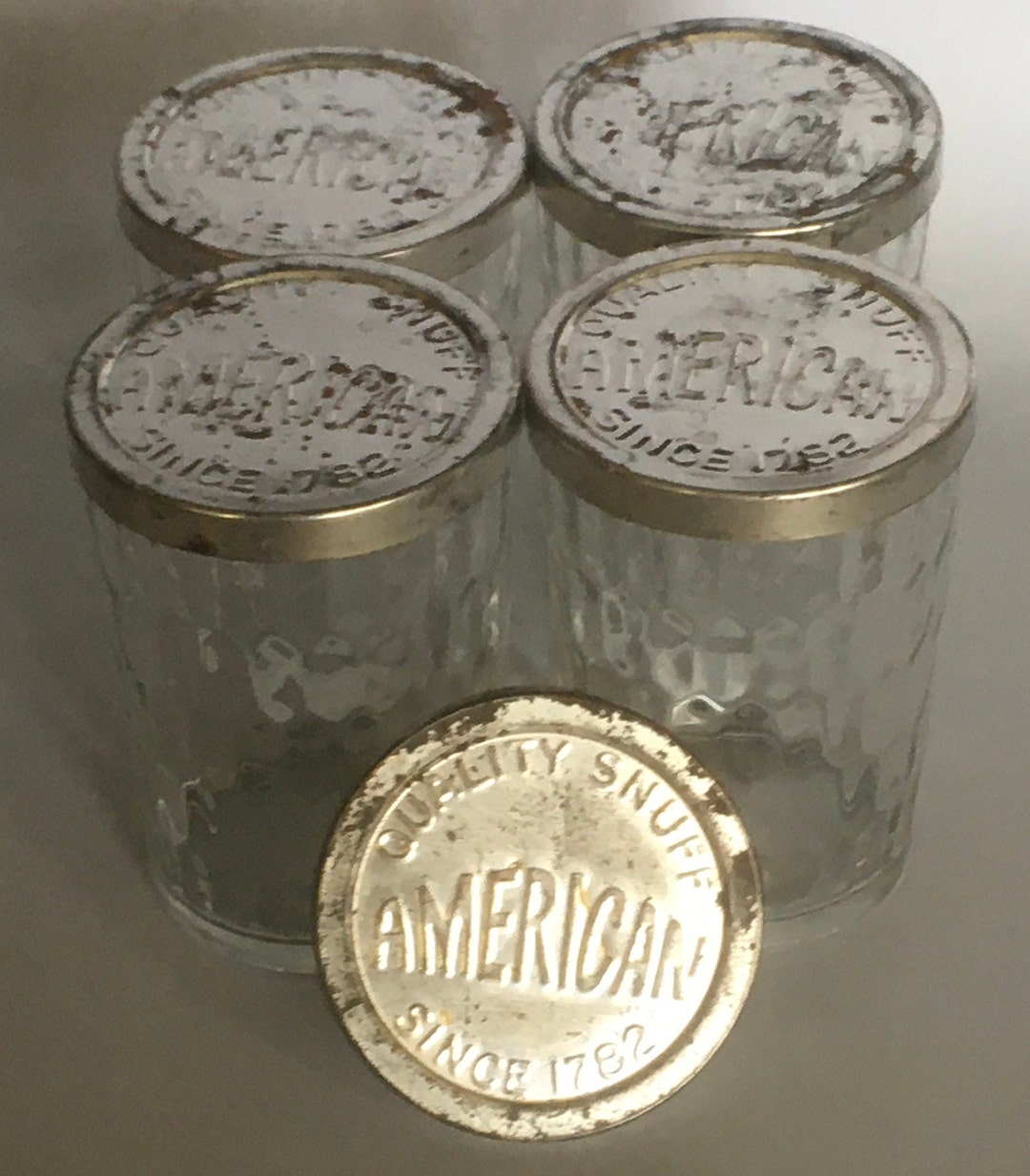 Set Four Clear Glass Snuff Jars With Tin Lids Tobacco Jars American ...