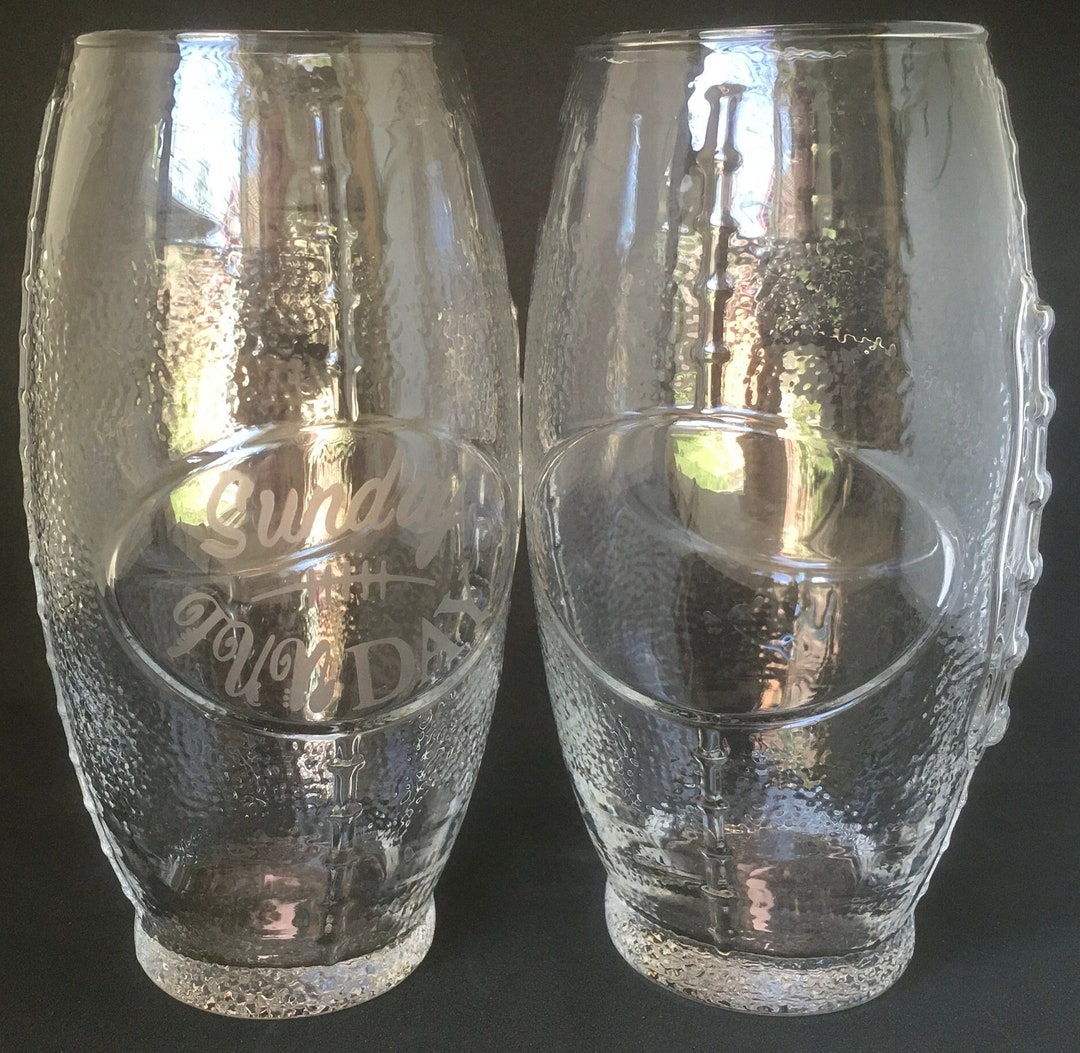Pair Two Sunday Funday Etched Football Shaped Drinking Glasses Tumblers ...
