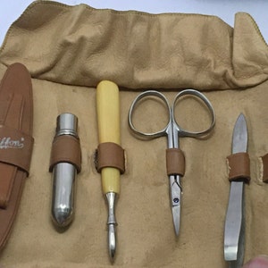 Vintage Griffon Manicure Set in Original Box Brown Rollup Brown Leather ...