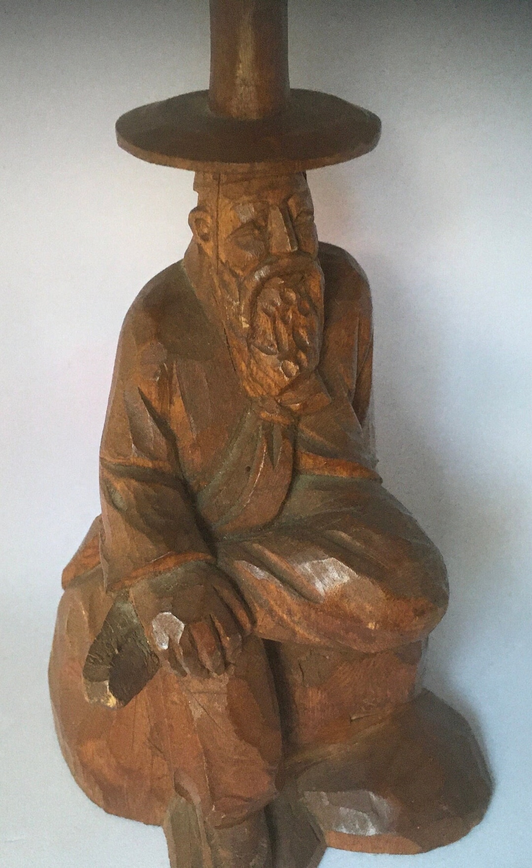 Intricate Hand Carved Wood Asian Man Resting Sitting Cross-leg on Rock ...