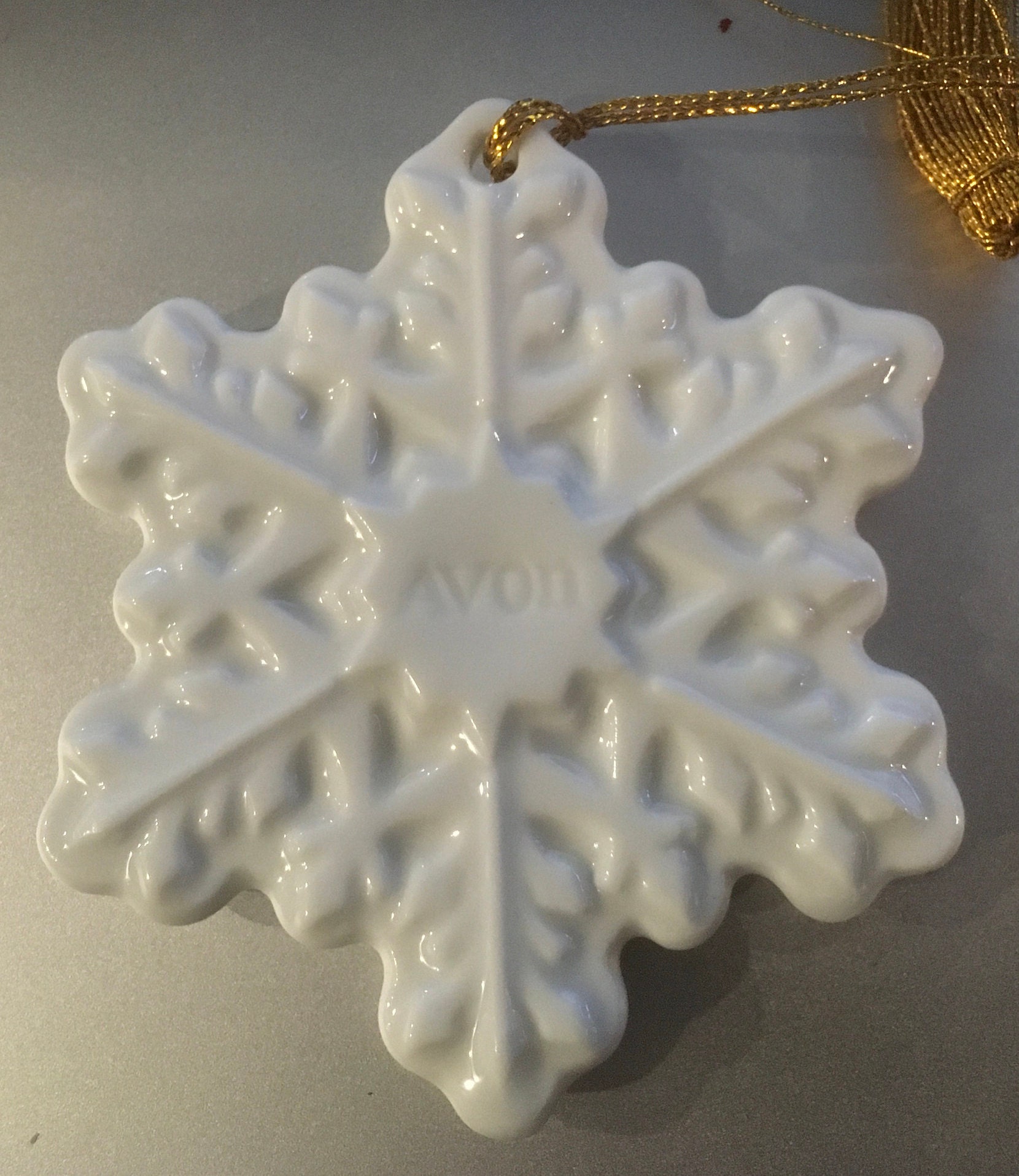 1983 Glossy White Ceramic Snowflake Ornament Gold Tassel 1980s Vintage ...