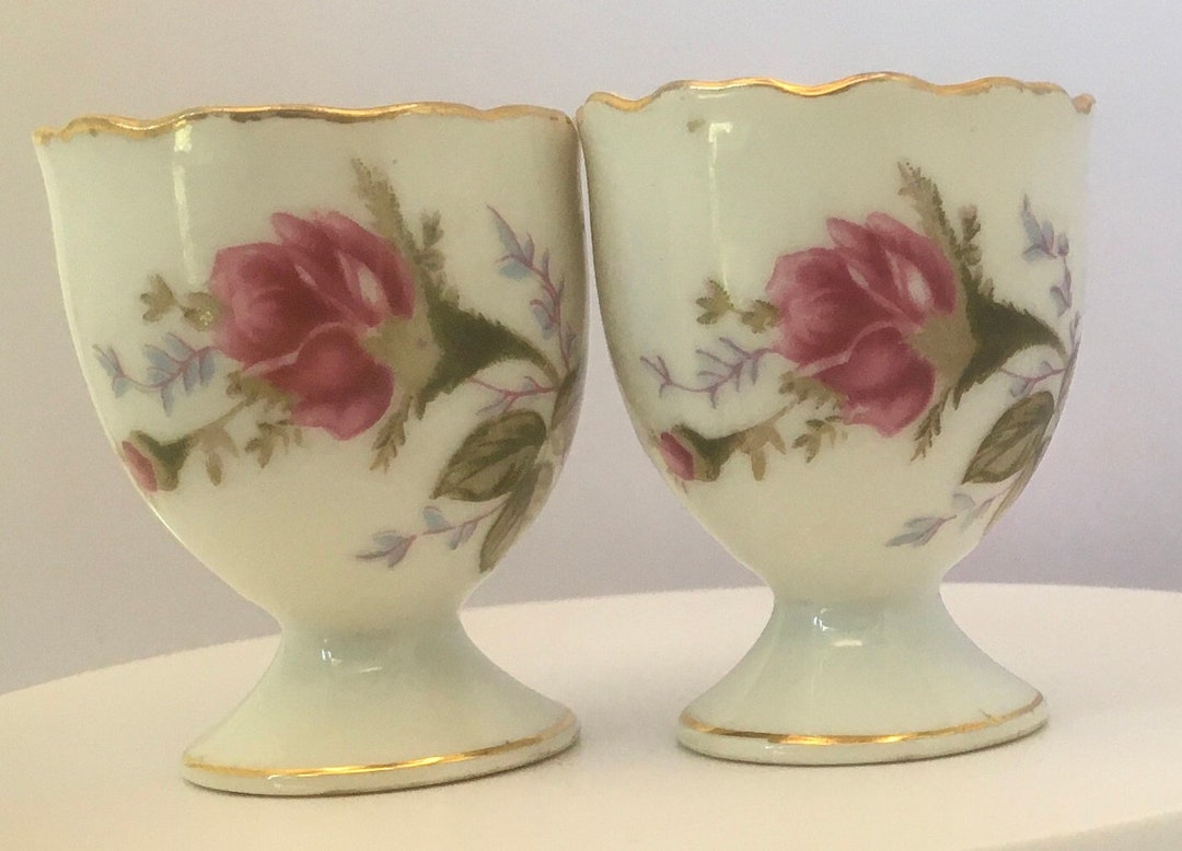 Elegant Bone China Egg Cup With Gold Trim Pompadour Rose Moss Rose by L ...