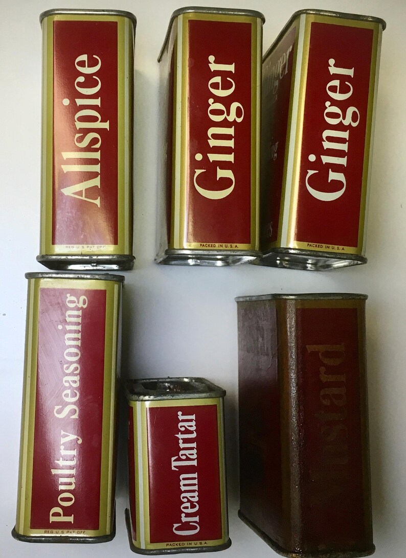 Vintage Set 6 Schilling Spice Red Tin Jars Grocery Pantry Items Rustic ...