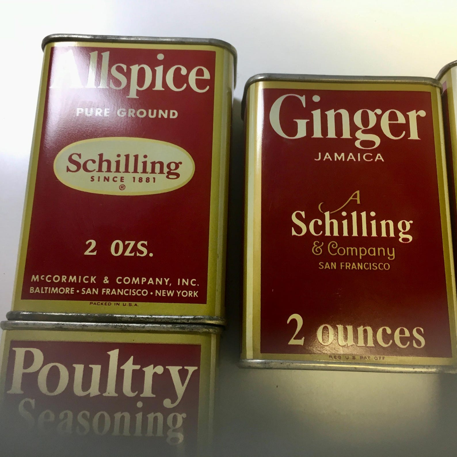 Vintage Set 6 Schilling Spice Red Tin Jars Grocery Pantry Items Rustic ...