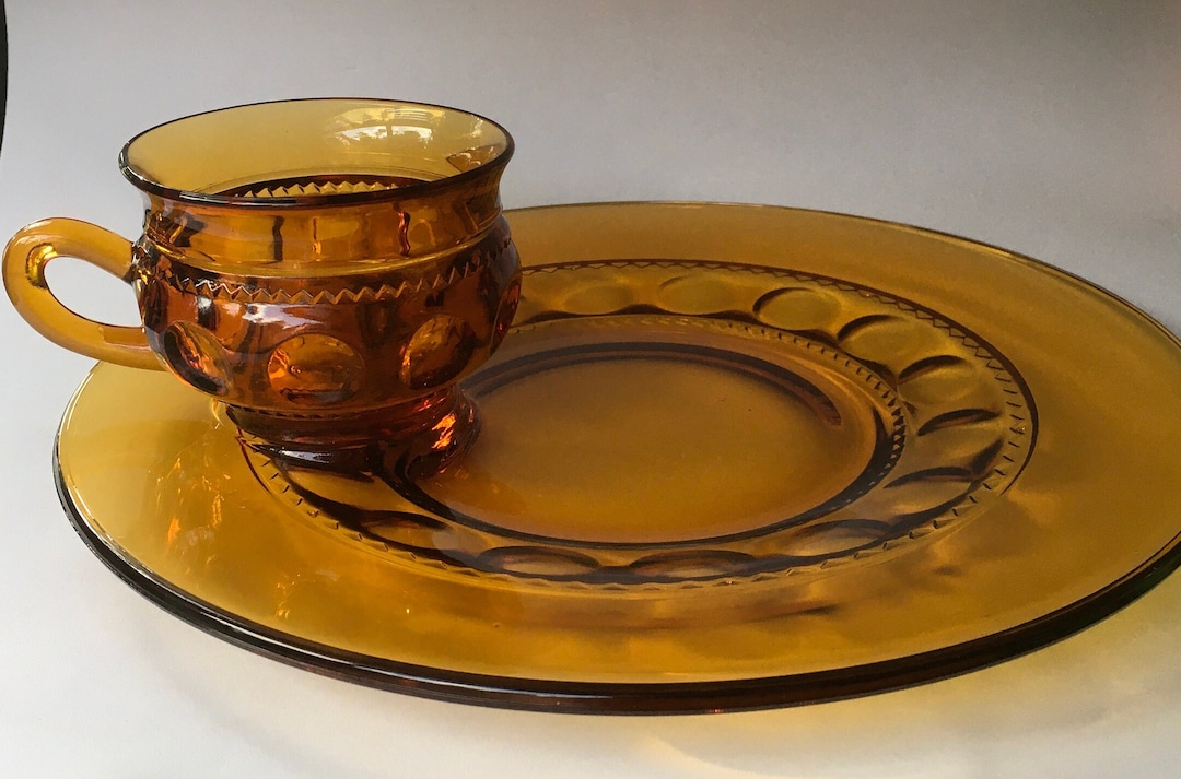 2-piece SET Indiana Glass Amber Glass Kings Crown Thumbprint Coin Spot ...