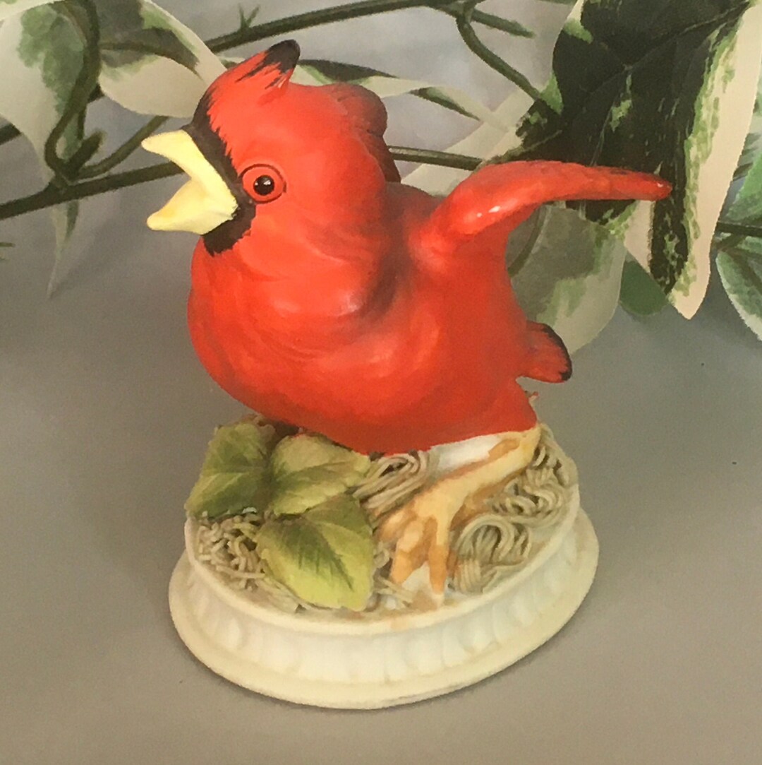 Vintage Lefton China Crown Red Cardinal on Nest Bisque Ceramic Figurine ...