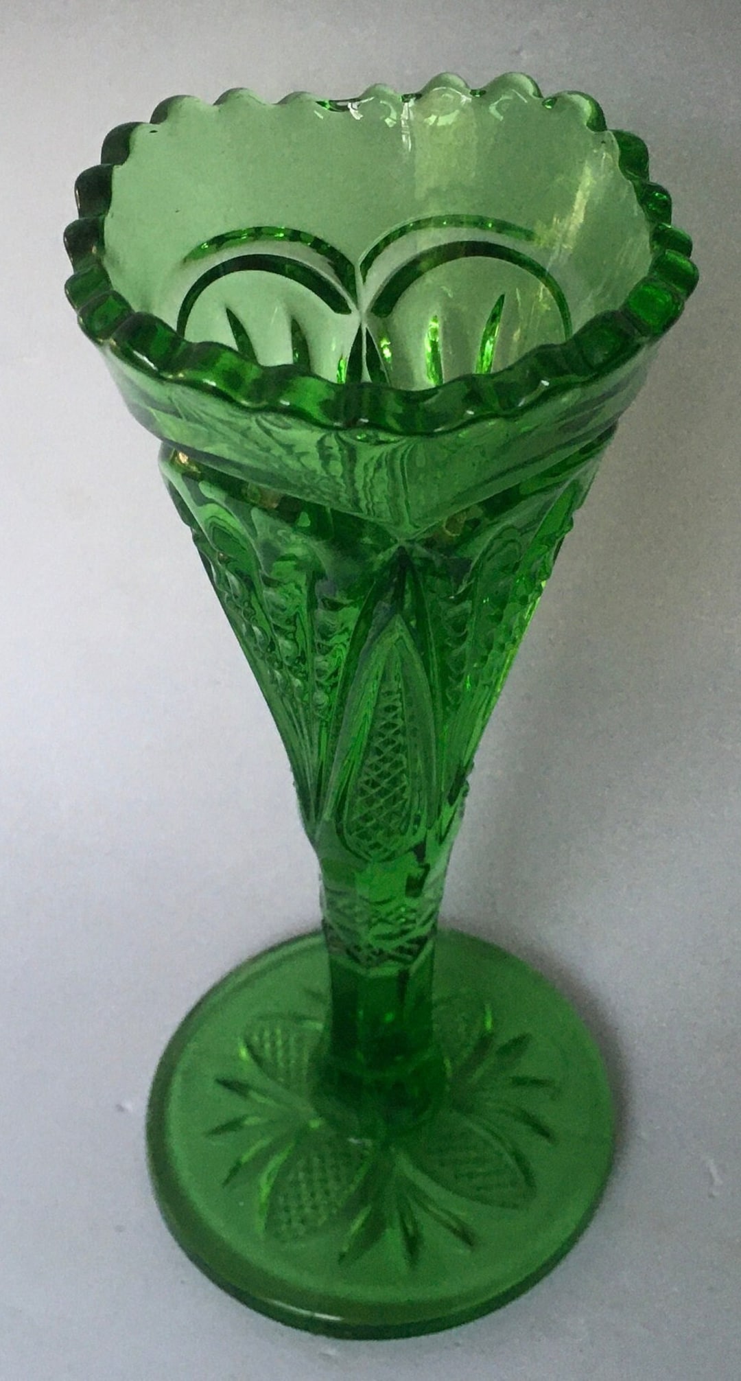 Heisley Emerald Green Pineapple and Fan Footed Bud Vase Beautiful Green Pressed Glass Urn ...