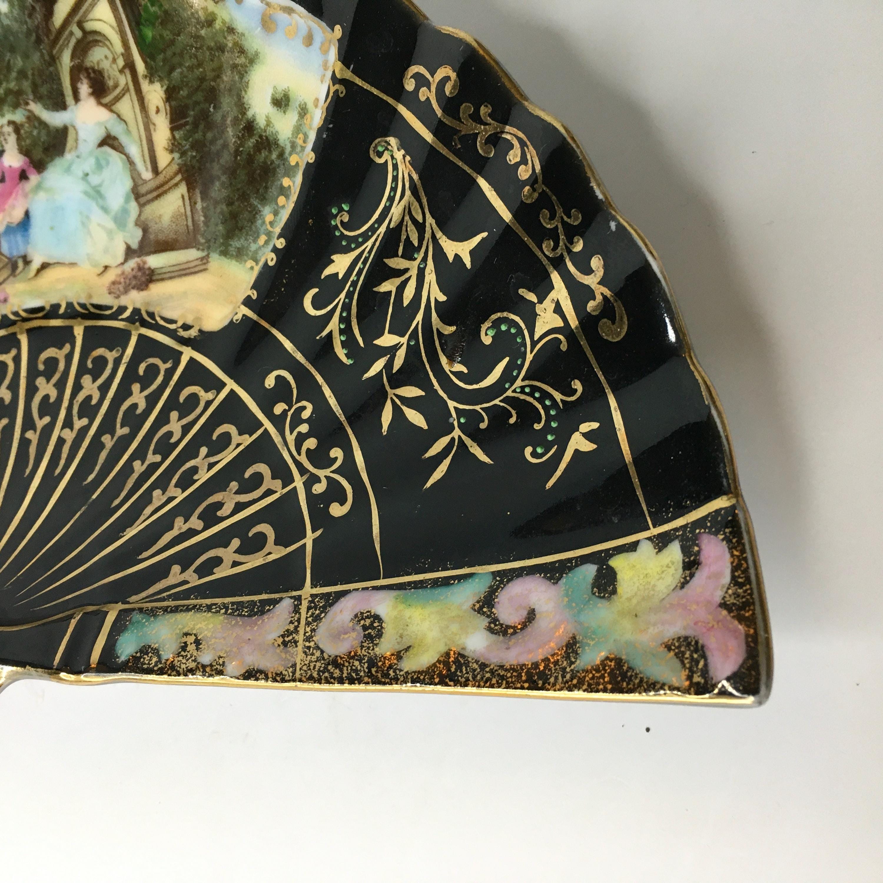 Victorian Romance Folding Fan Porcelain Shelf Wall Décor Hand Painted ...