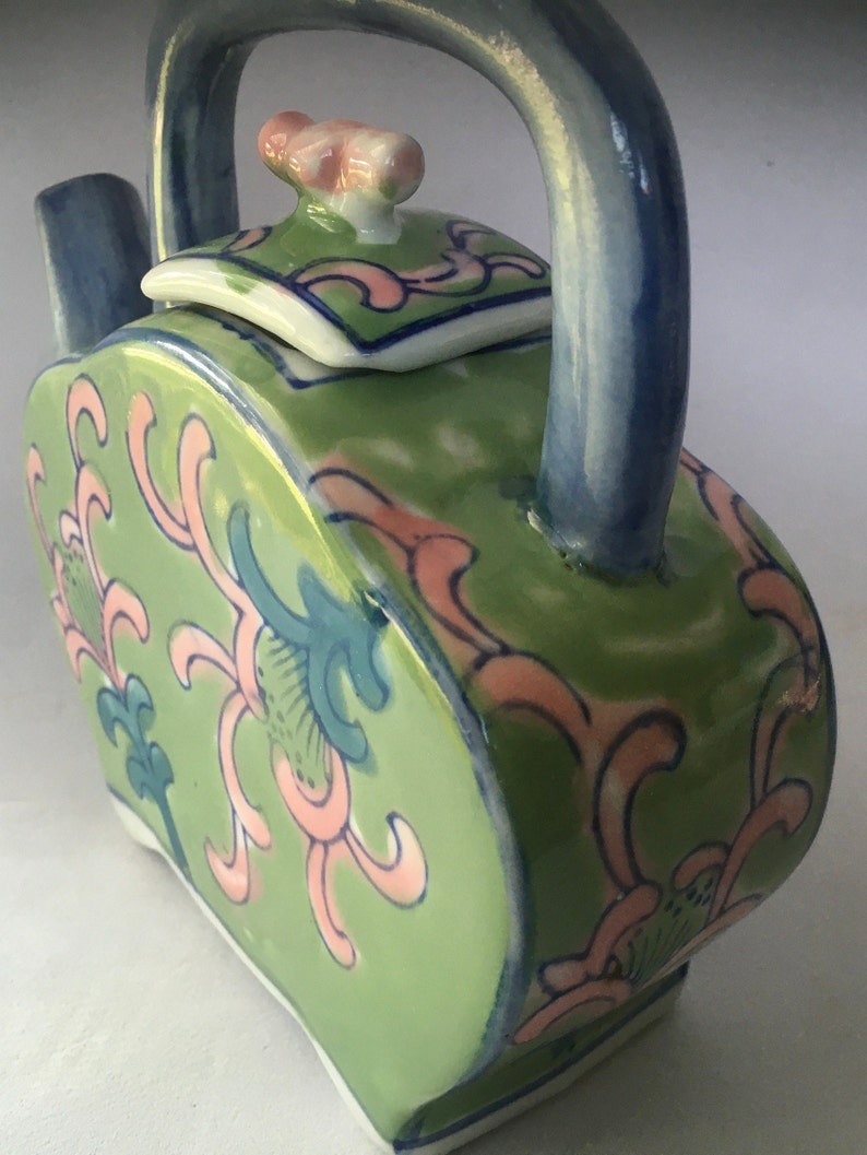 Glossy Green & Blue Painted Porcelain Mini Teapot With Lid and Handle ...