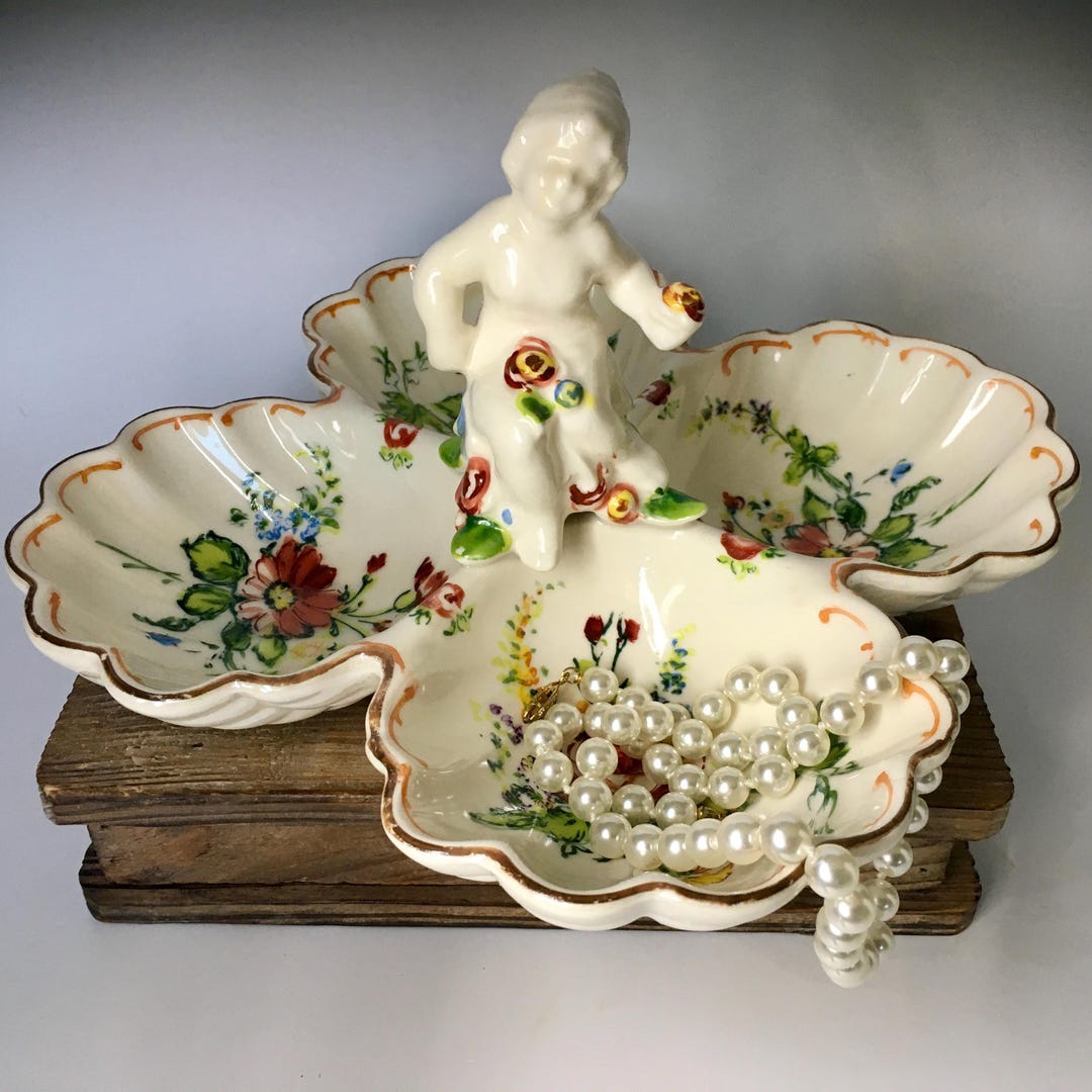 Vintage Iridescent 4 Divided Clam Shell Bowls Serving Dish Cherub Putti ...
