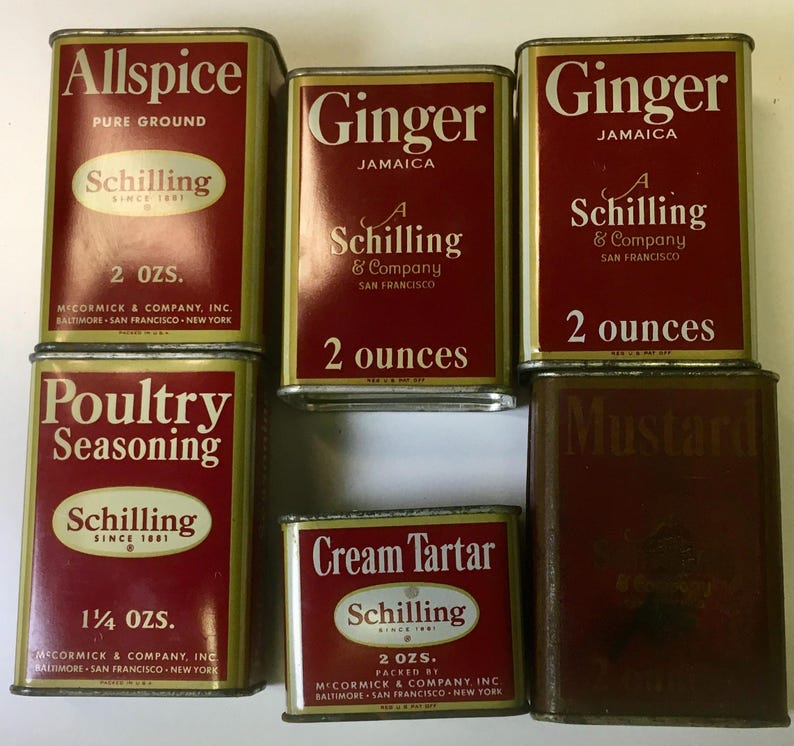 Vintage Set 6 Schilling Spice Red Tin Jars Grocery Pantry Items Rustic ...