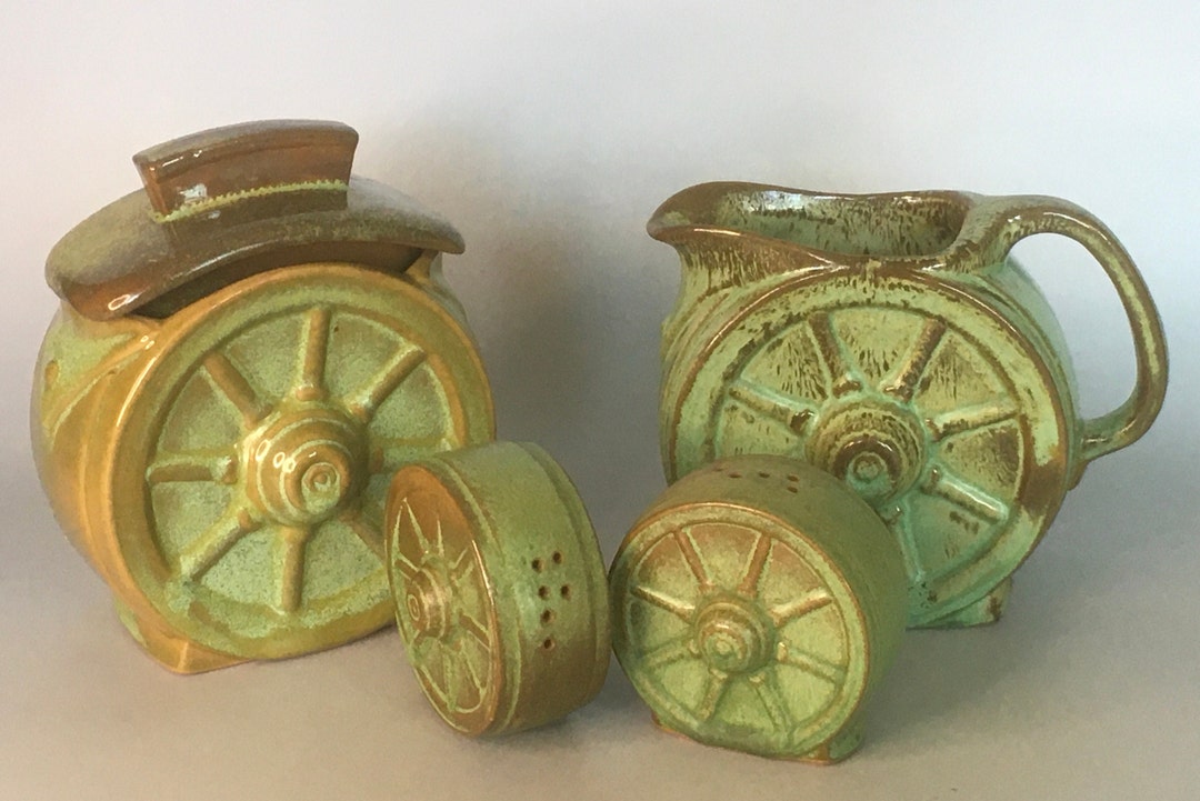 Vintage Frankoma Pottery Prairie Green Wagon Wheel Pattern Sugar Bowl ...
