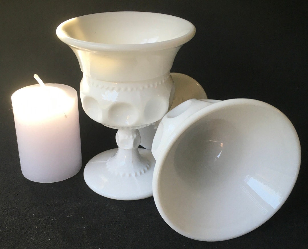 Pair Two Small Pedestal Shot Glass Goblets Sugar Bowl Milk Glass Kings ...