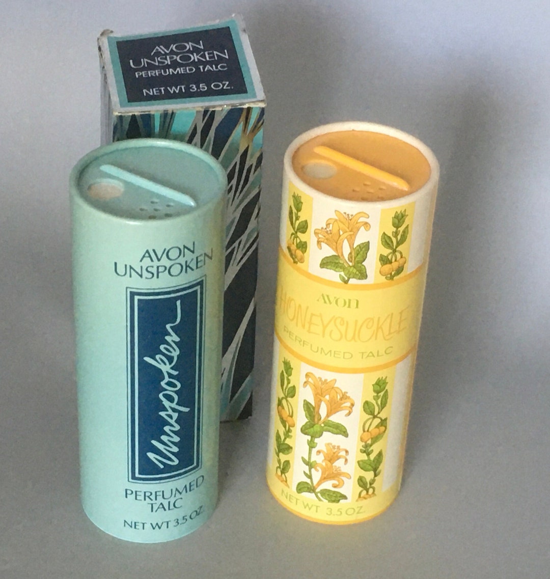 Classic Avon Perfumed Talc Body Powder Unspoken With Box & Honeysuckle ...