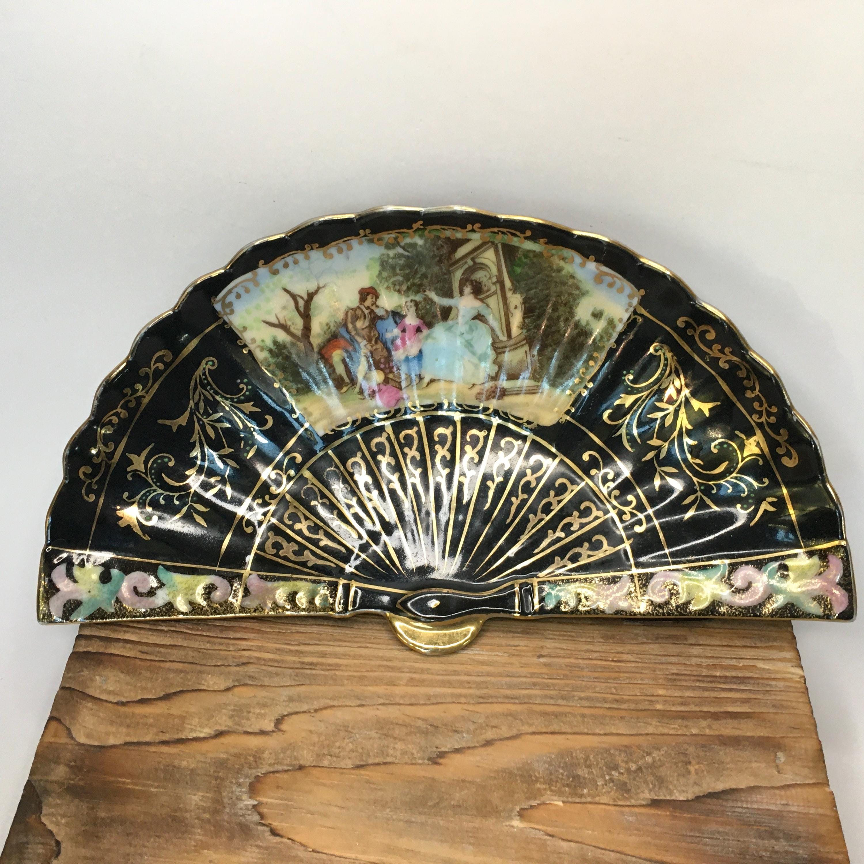 Victorian Romance Folding Fan Porcelain Shelf Wall Décor Hand Painted ...