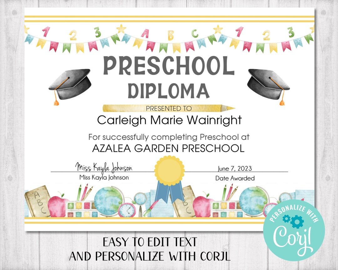 DIY Editable Preschool Diploma, Preschool Graduation, Completion ...