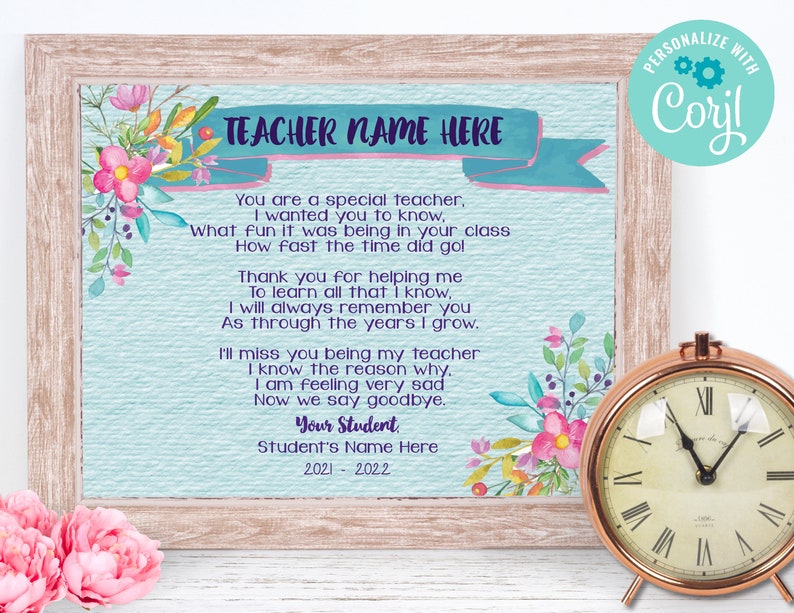 Teacher Appreciation Gift Printable Gift, Special Teacher Poem, Digital ...