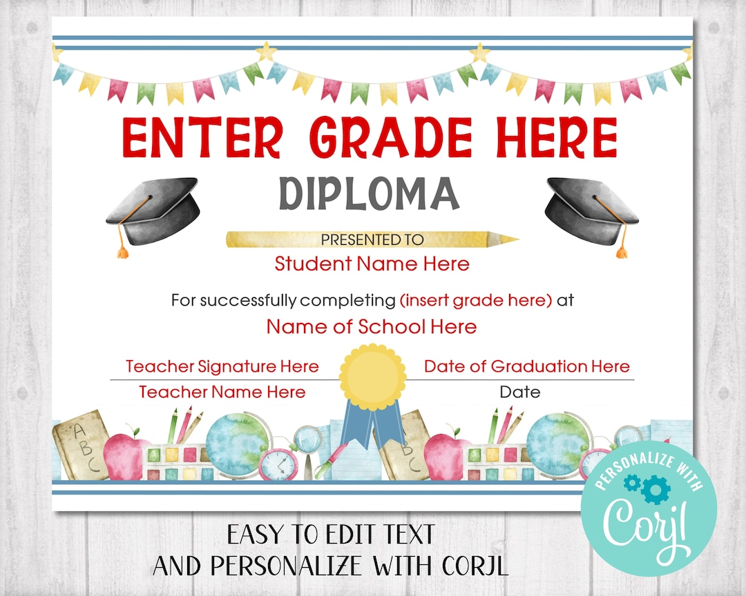 DIY Editable Grade School Diploma, Grade School Graduation, School ...