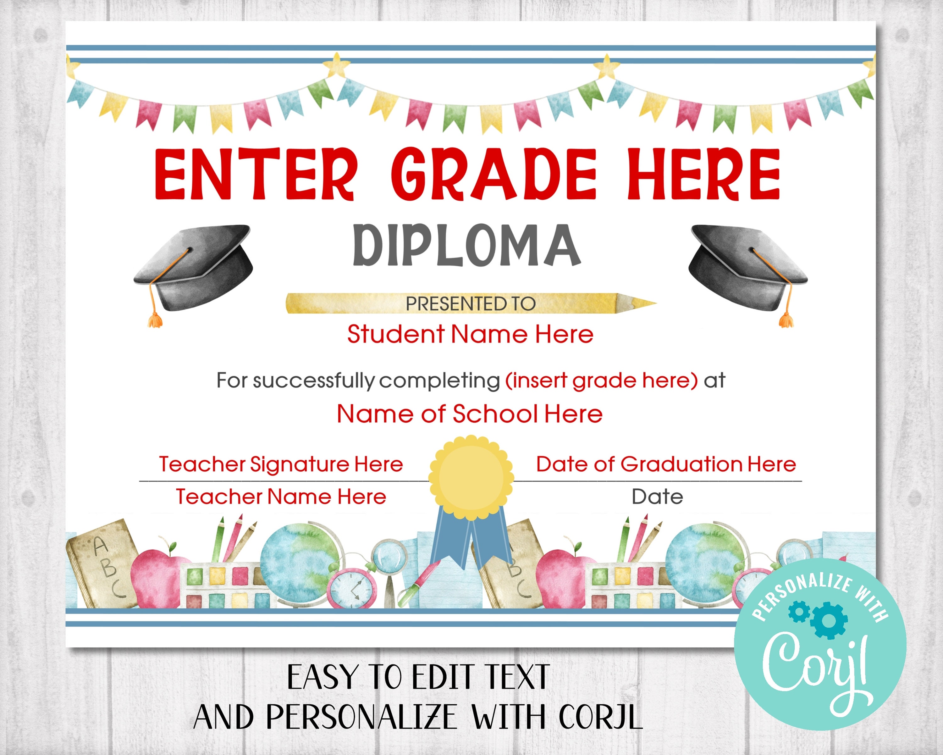 DIY Editable Grade School Diploma, Grade School Graduation, School ...