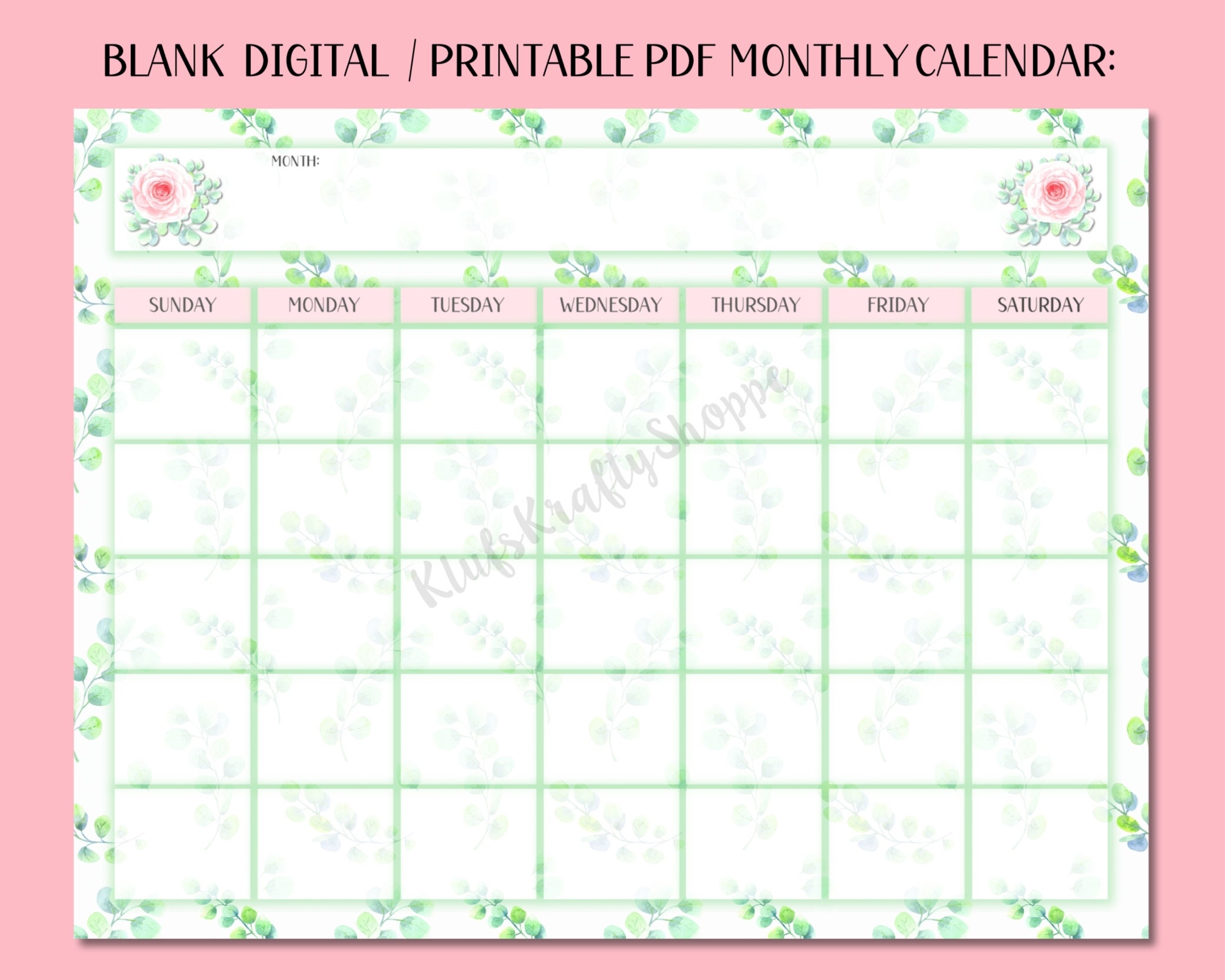 Blank Undated Calendar, Digital Planner Schedule Pages, Undated Weekly ...