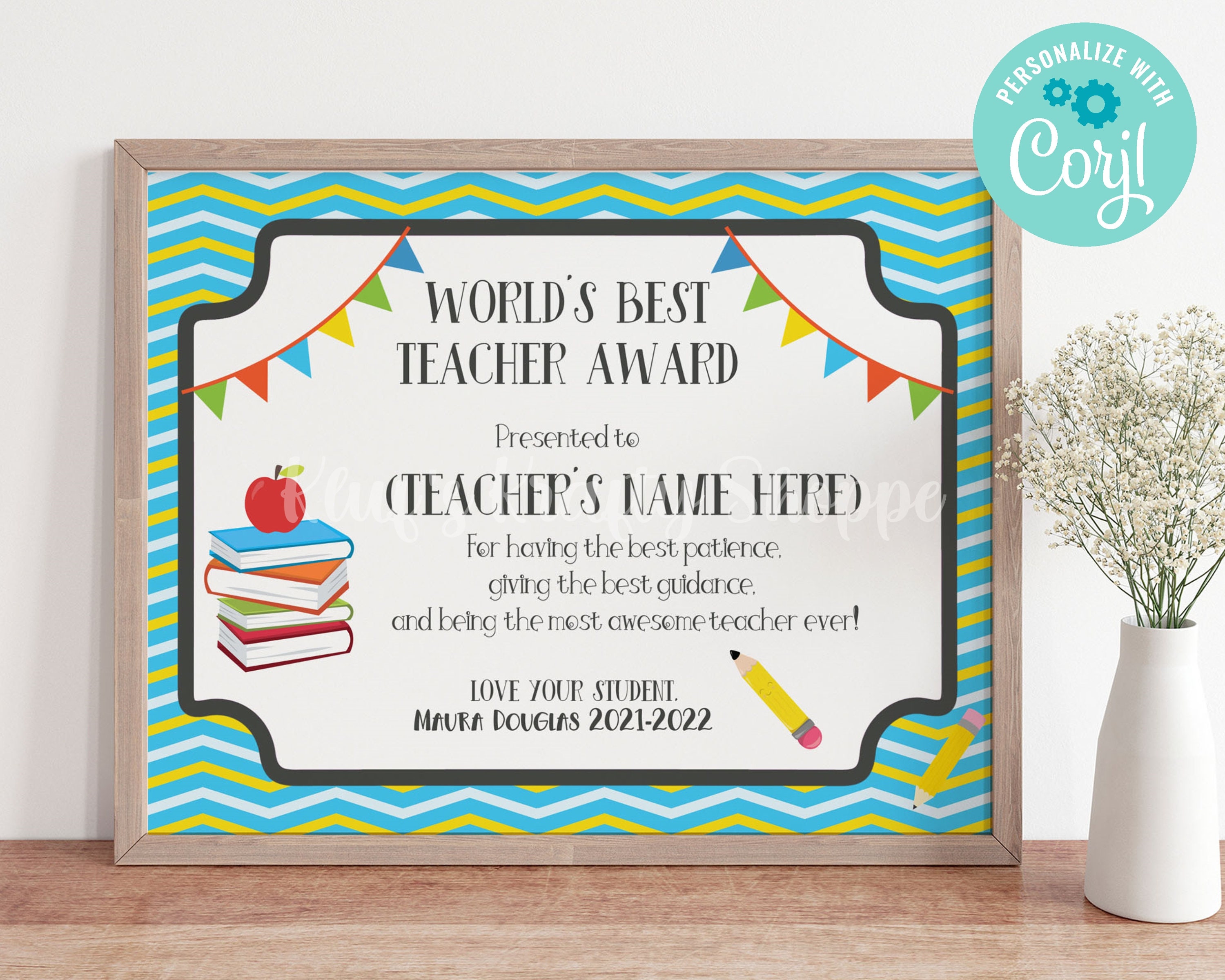Teacher Appreciation Gift Printable Gift, World's Best Teacher Award ...