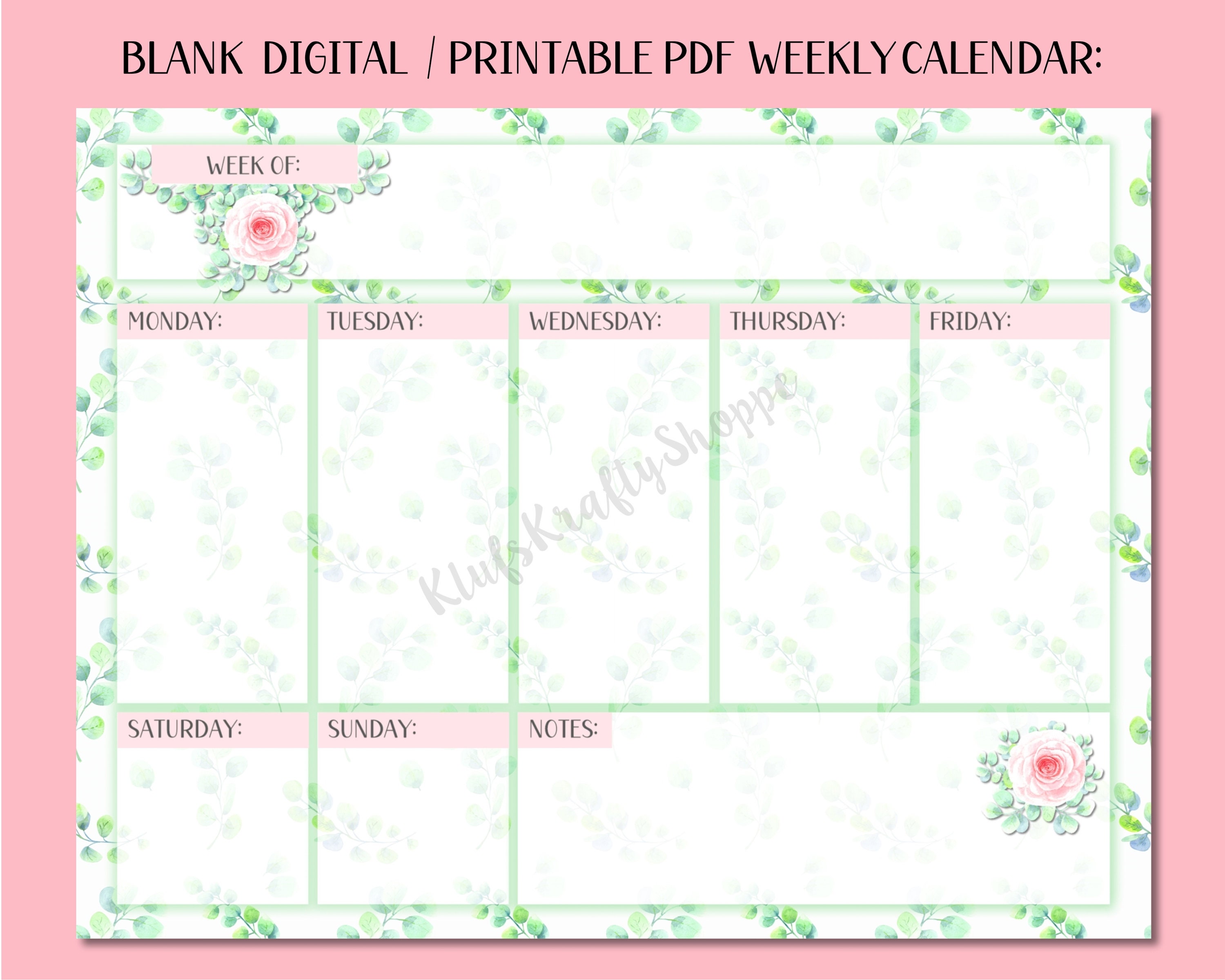 Blank Undated Calendar, Digital Planner Schedule Pages, Undated Weekly ...