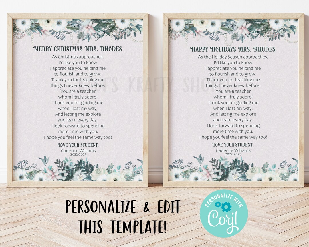 Teacher Appreciation Christmas Gift Printable, Merry Christmas Teacher ...