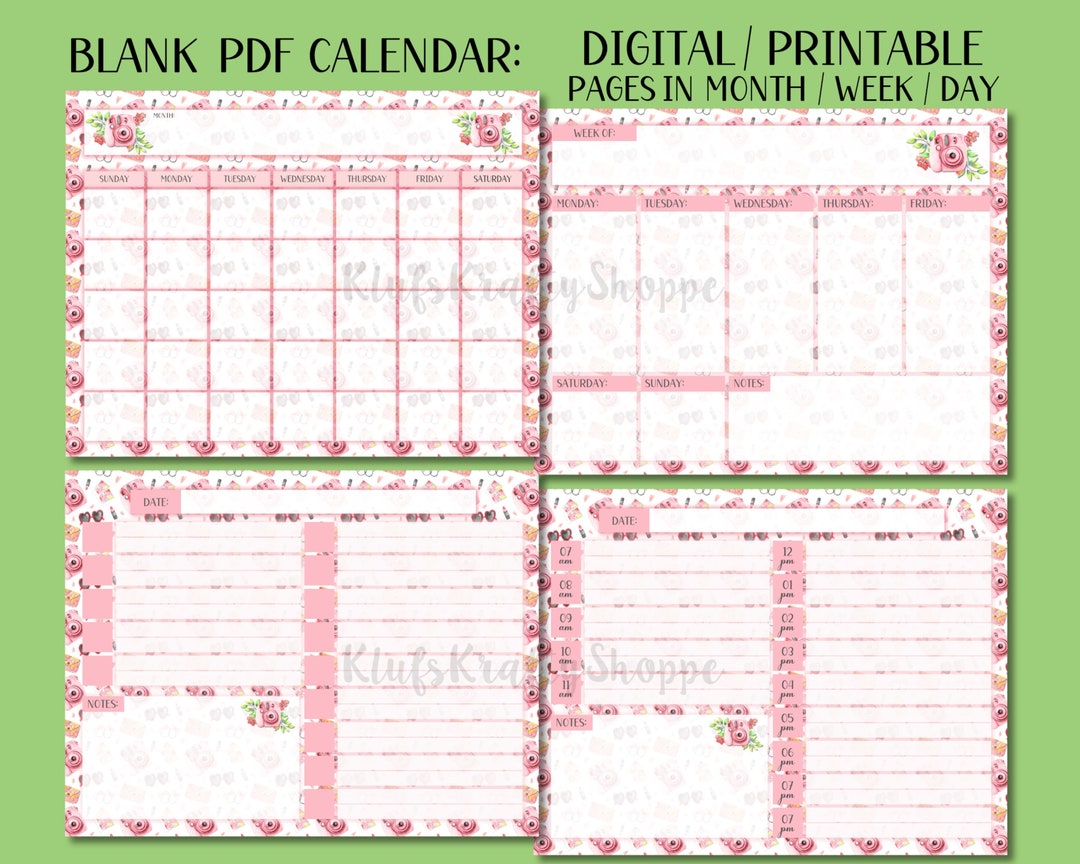 Blank Undated Calendar, Digital Planner Schedule Pages, Undated Weekly ...