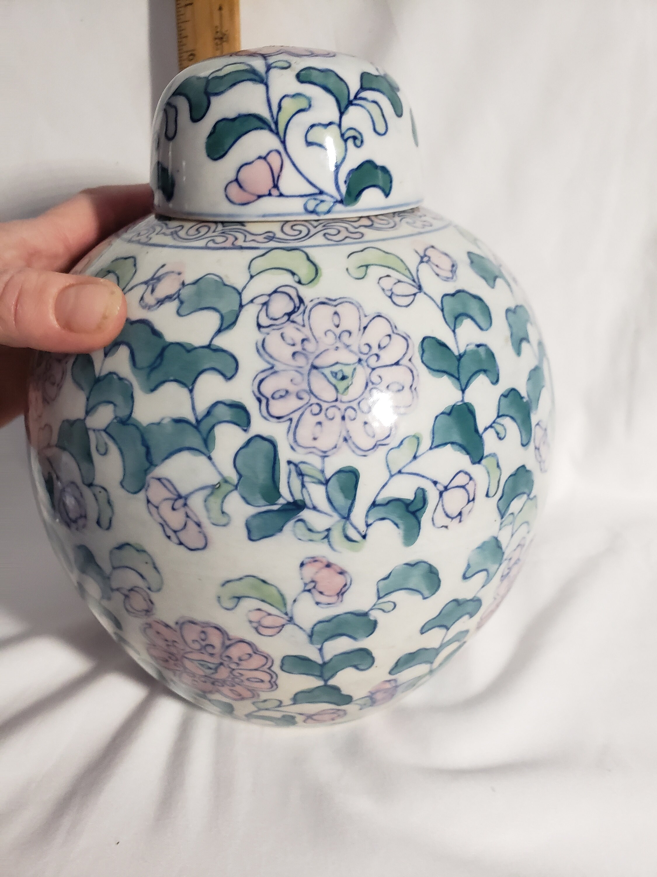 Chinese Chinoiserie Pink, Green and Floral Lotus Ginger Jar Stamped ...